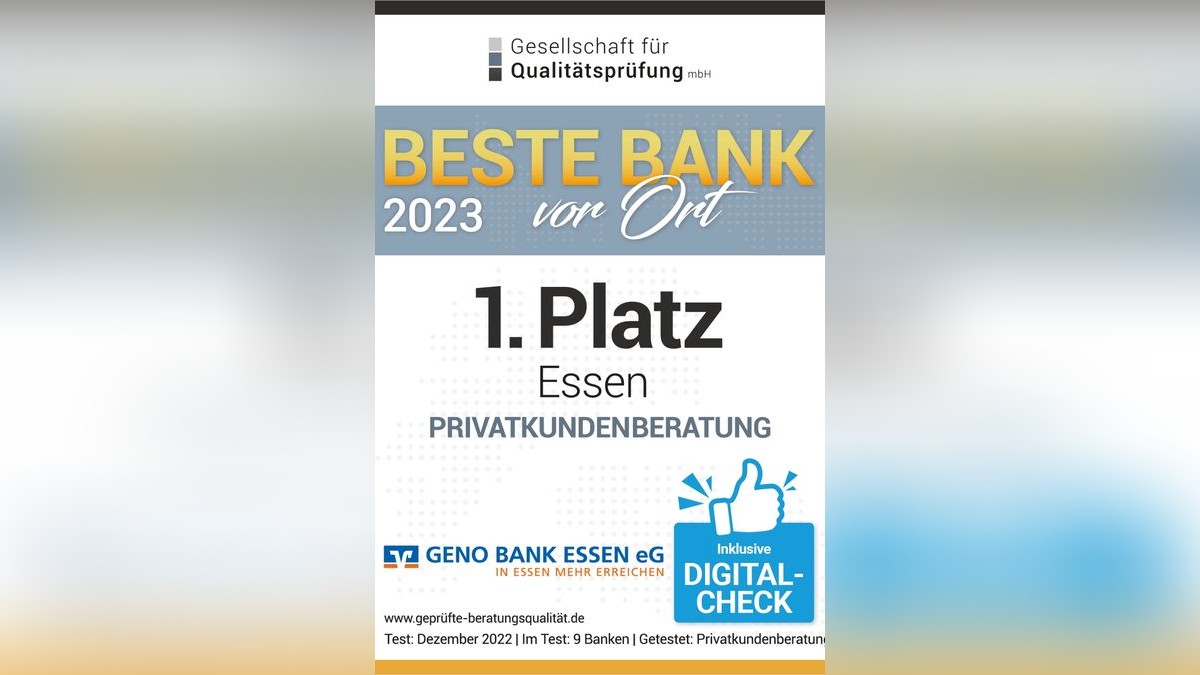 Die GENO BANK ESSEN ist die "BESTE BANK vor Ort 2023"