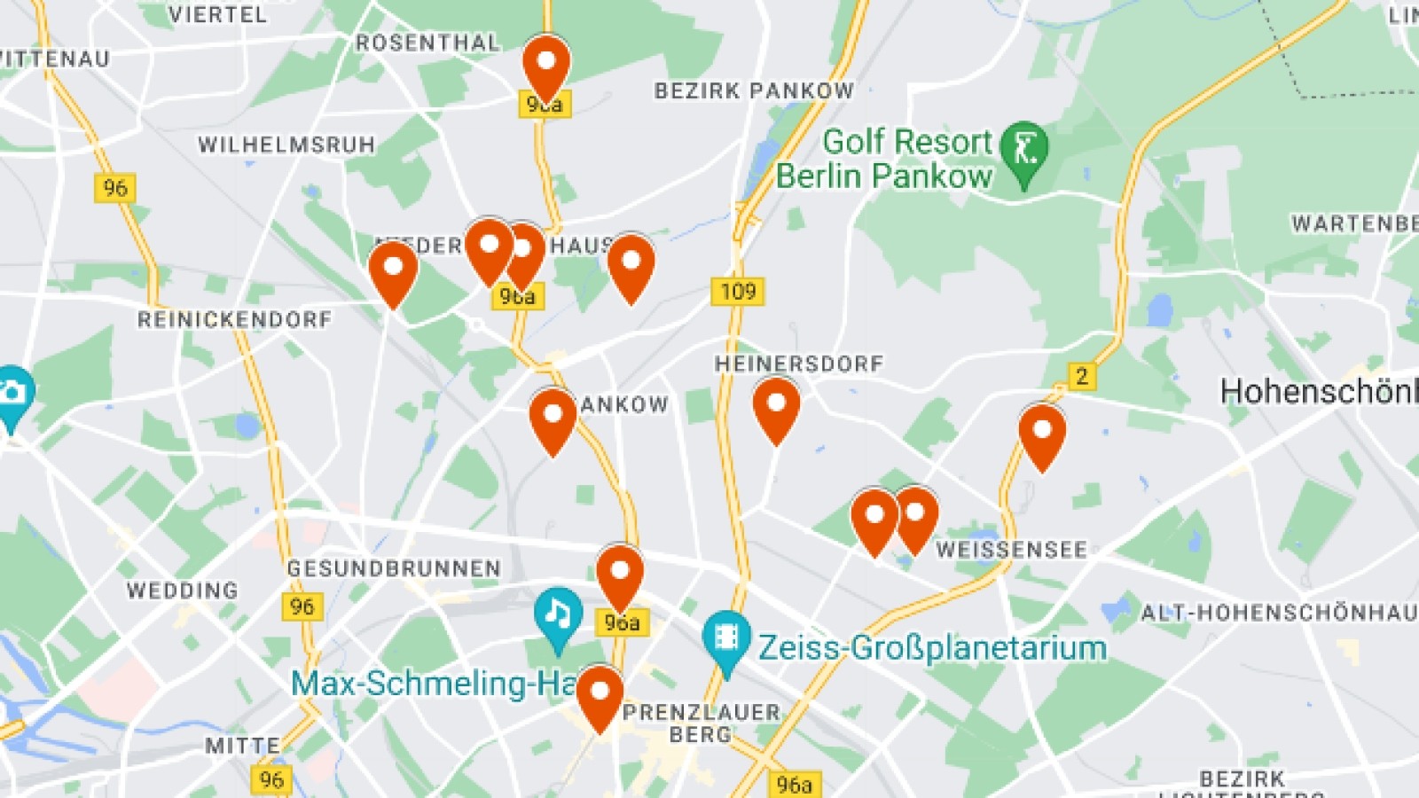 Karte zeigt alle Lost Places in Berlin-Pankow