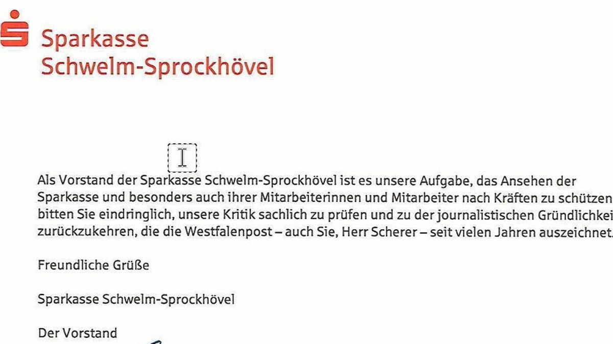 Schwelm: Der komplette offene Brief der Sparkassen-Chefs