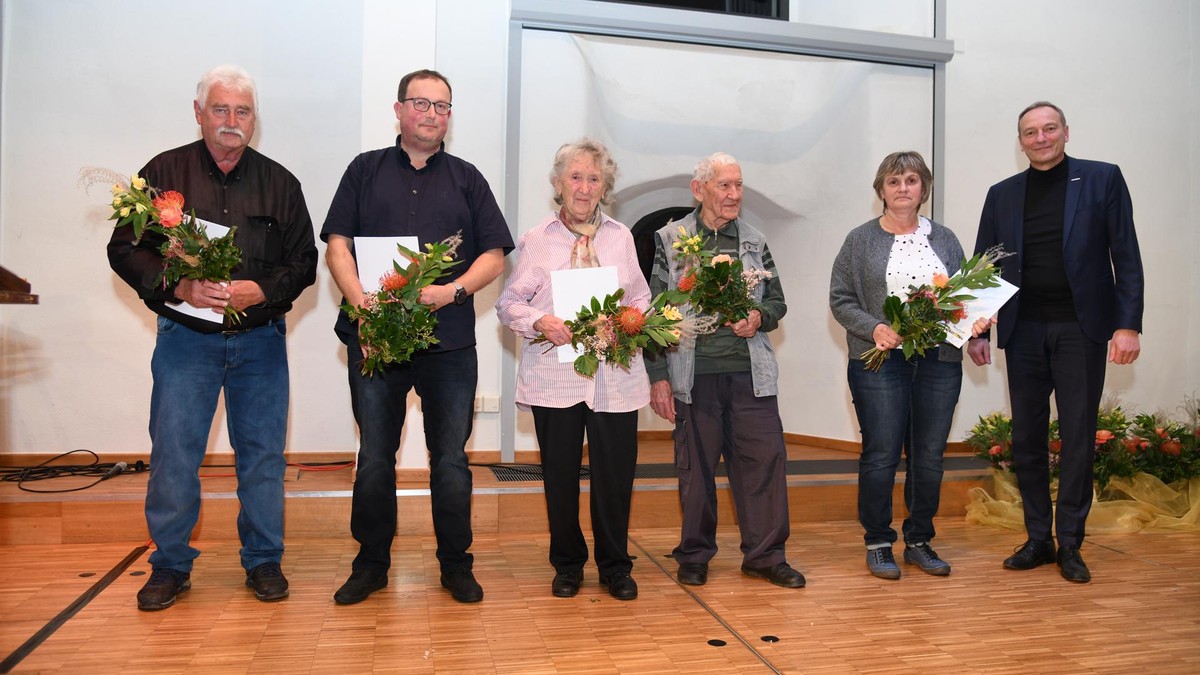 Mehr als 20 Fotos zeigen etwa 30 ehrenvolle Bürger einer Kleinstadt im ...